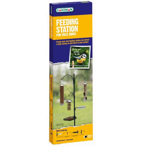 Foderstativ / foderstation til havens vilde fugle. Med 3 kroge, fuglebad og kurv til fuglefrø.